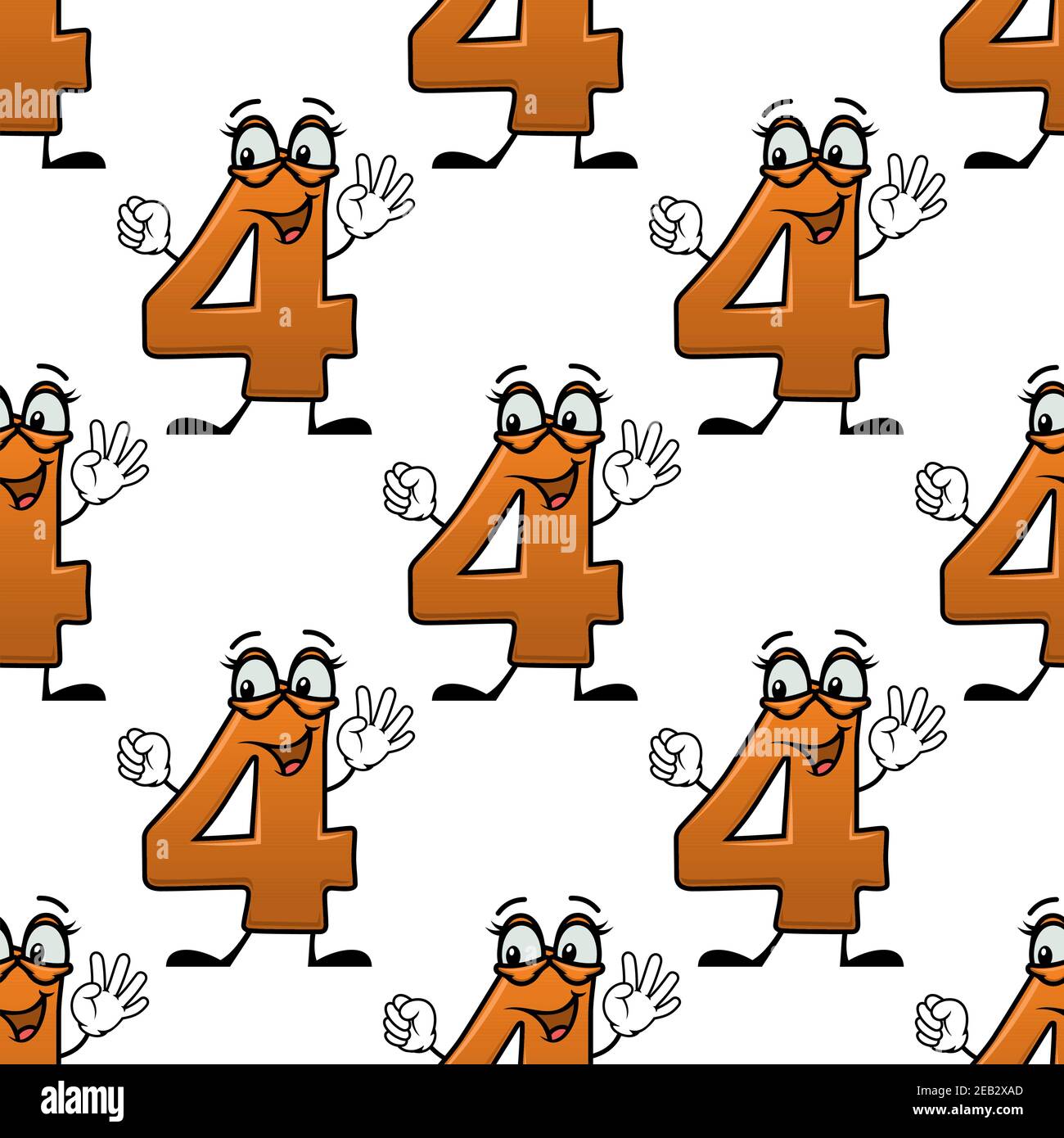 Seamless pattern with cartoon number four with orange digits on white ...
