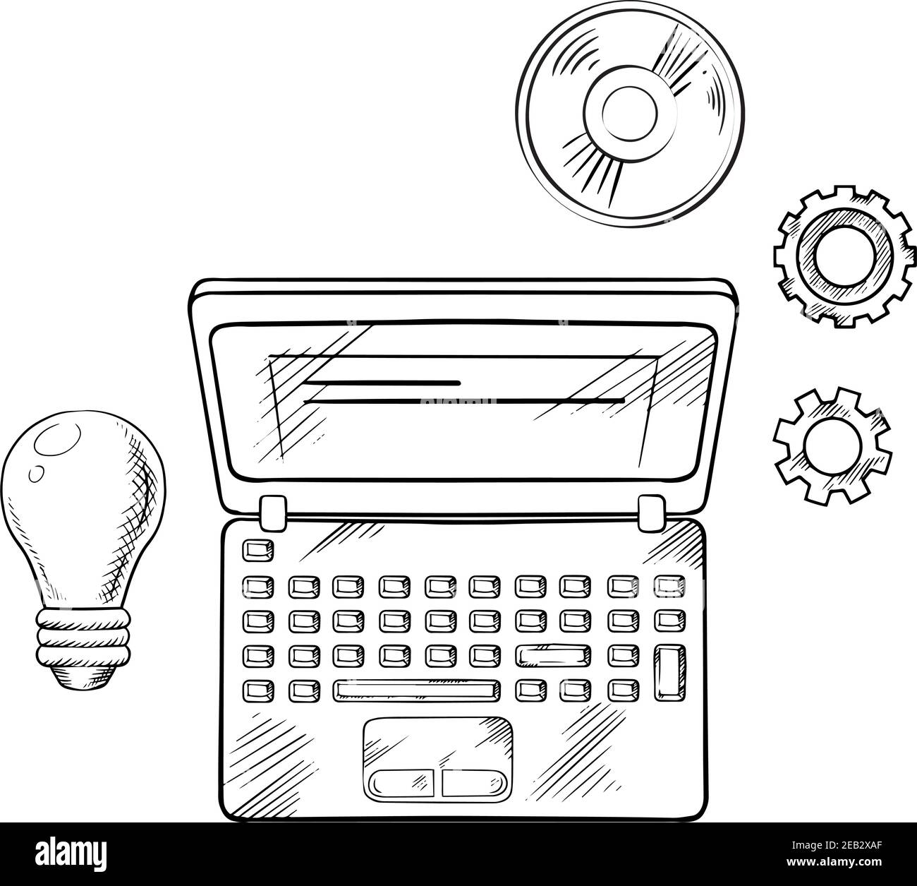 Sketch of open laptop computer with idea light bulb, gear wheels and cd ...