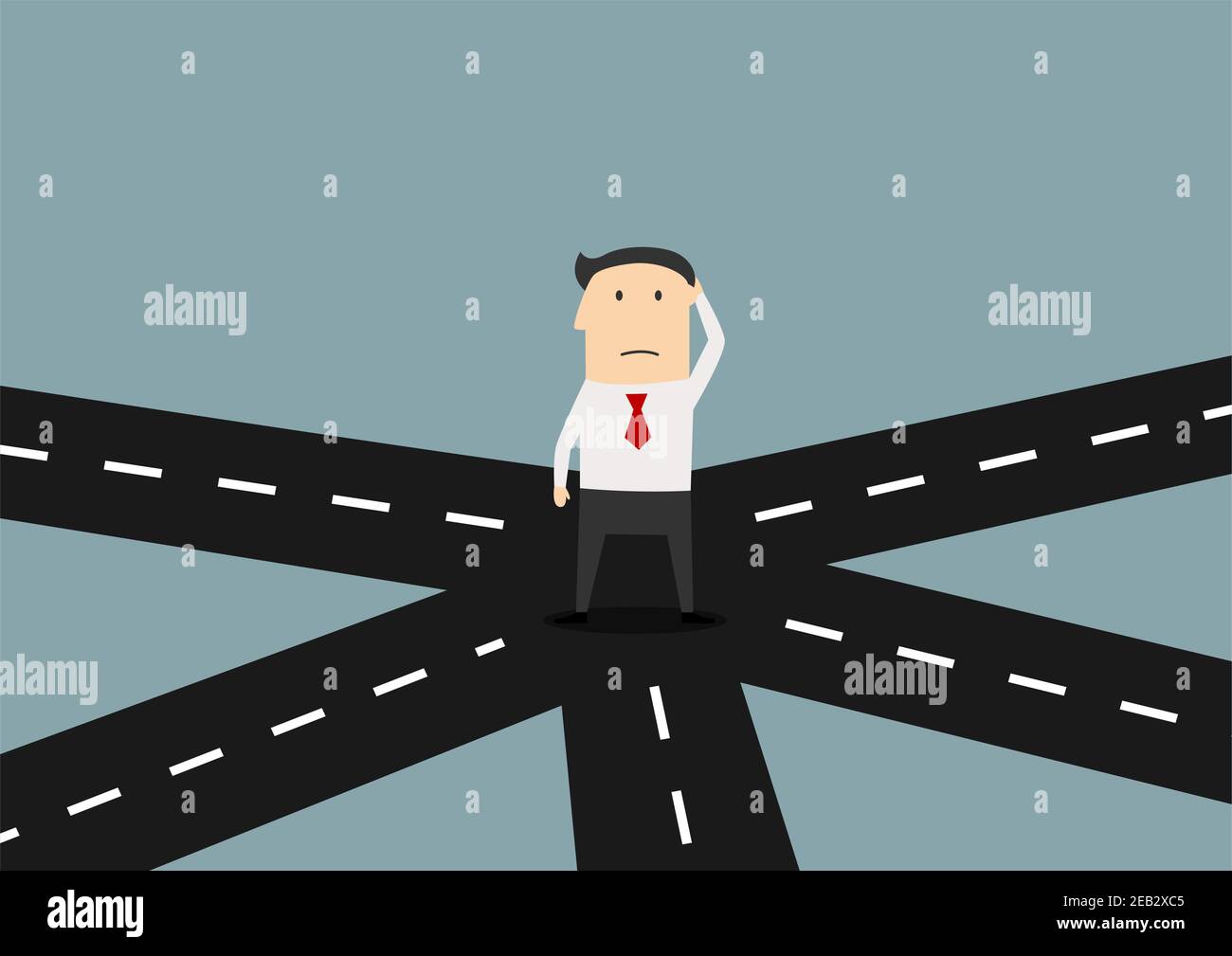 Cartoon confused businessman on crossroad choosing future direction to ...