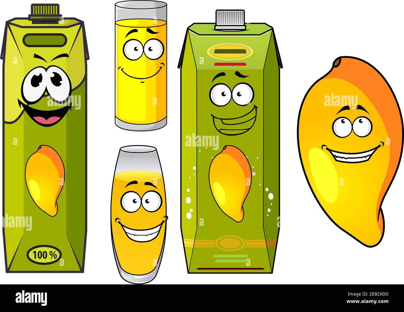 Tropical mango juice cartoon characters with funny smiling yellow mango ...