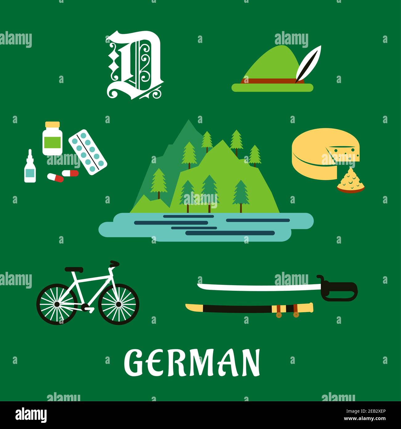 German travel flat icons with Alps mountain landscape, forest and lake ...