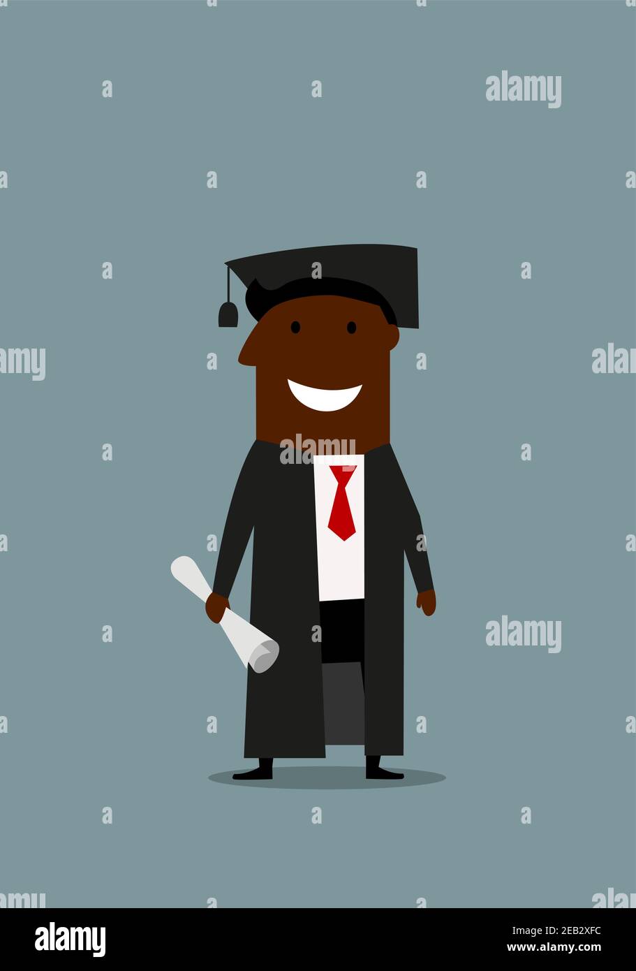 Joyful cartoon african american businessman in graduation gown and cap ...