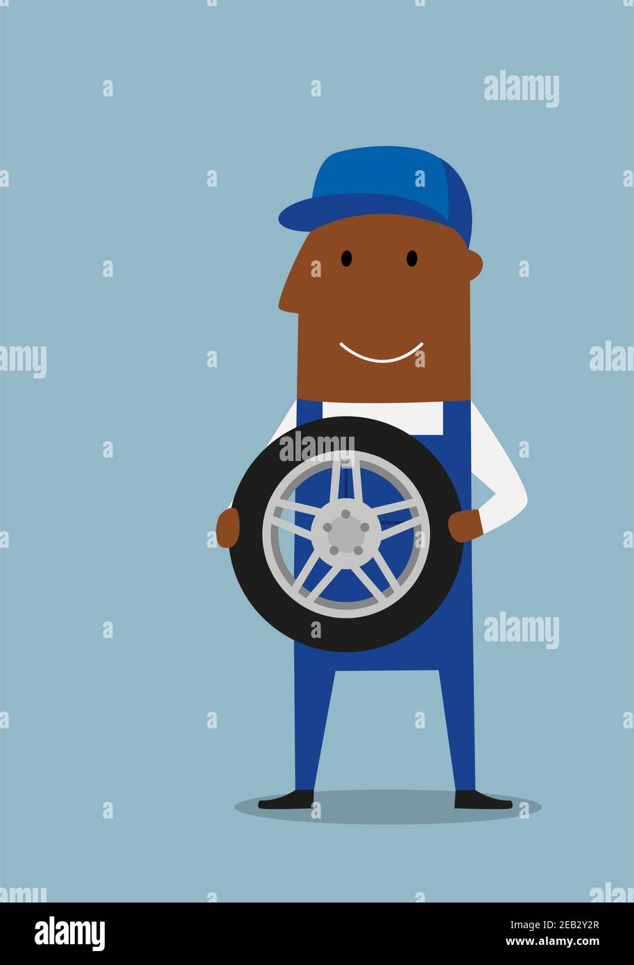 Cartoon friendly smiling african american mechanic in blue uniform ...