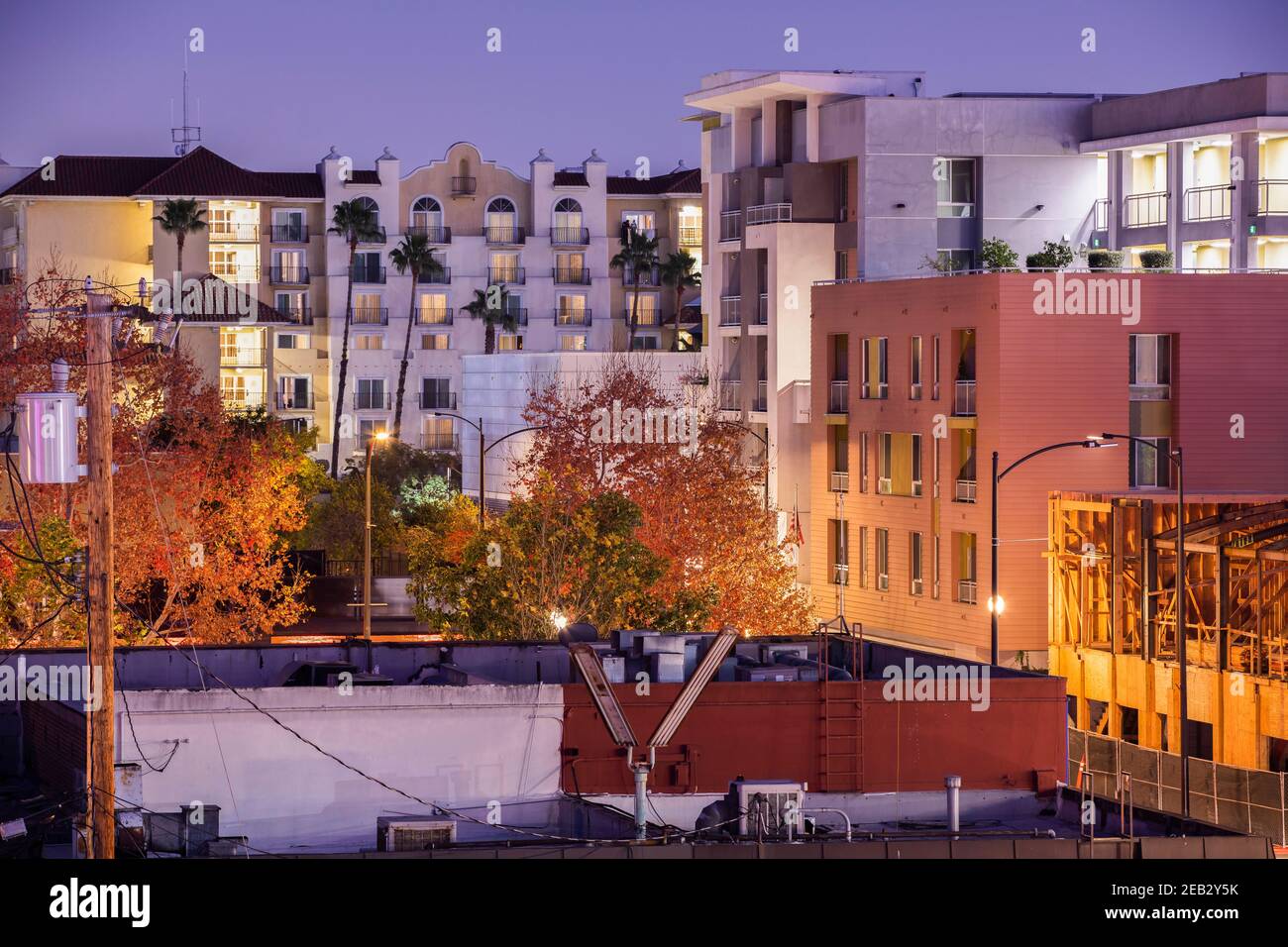 Twilight view of the downtown skyline of Downey, California, USA Stock ...