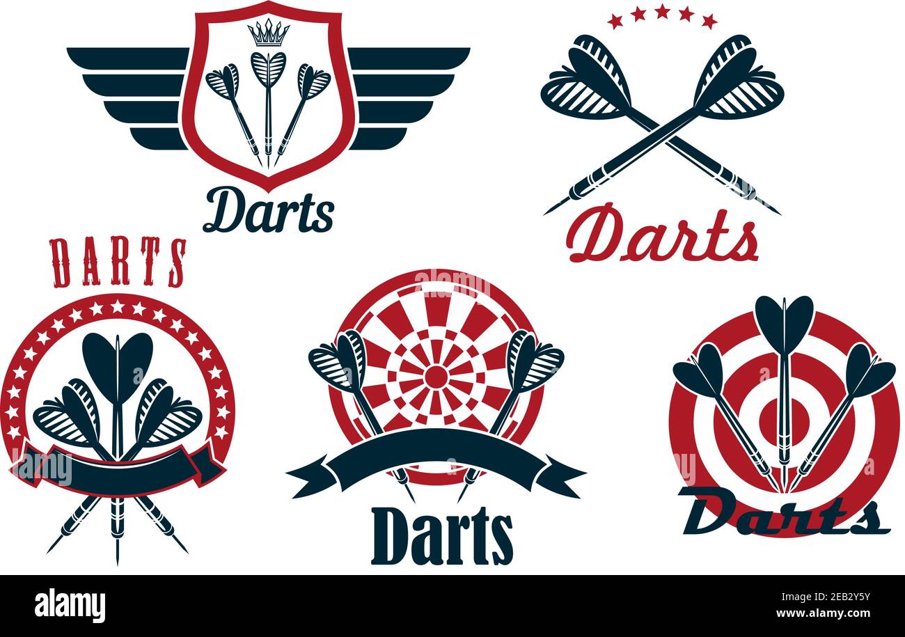 Darts game emblems and icons showing arrows on dartboard and heraldic ...