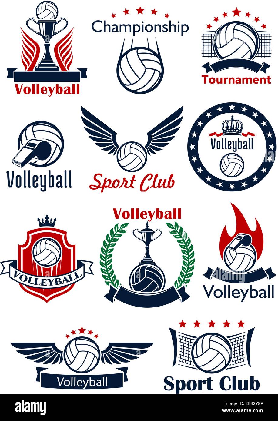 Volleyball game sport emblems, icons and symbols with balls, trophies ...