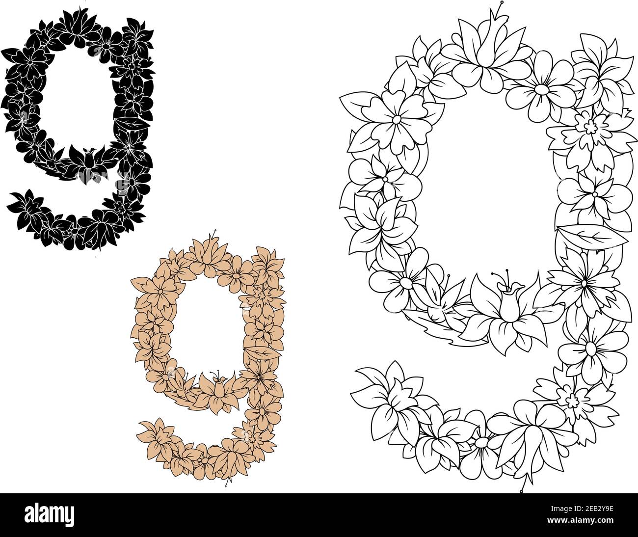 Colorless floral alphabet lowercase letter g, decorated by flowers and ...