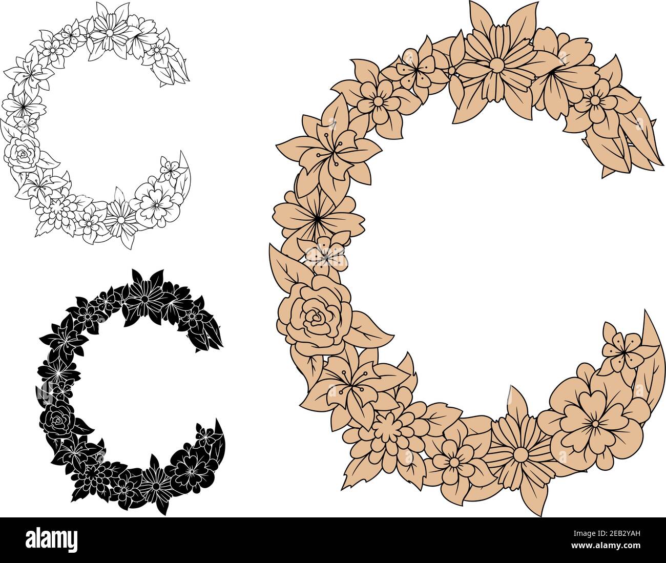 Capital floral letter C composed of roses, daisies and wildflowers in ...