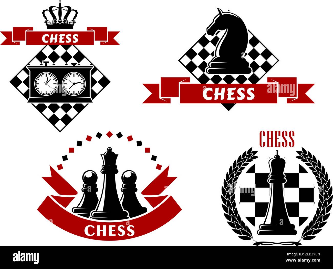 Chess game sporting emblems and icons with chessboard, queen, king ...