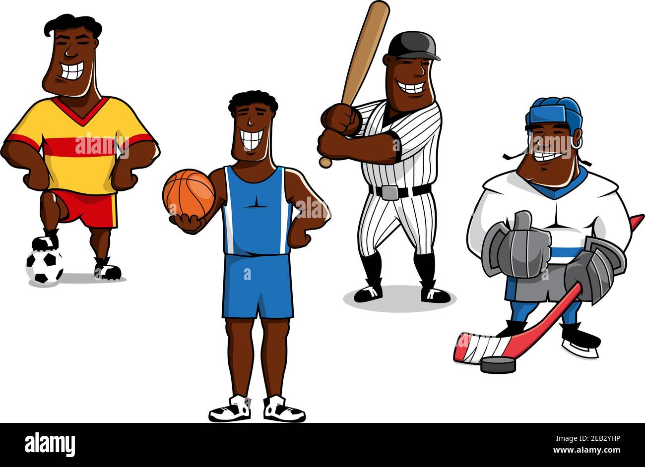 Cheerful african american soccer, basketball, baseball and ice hockey ...