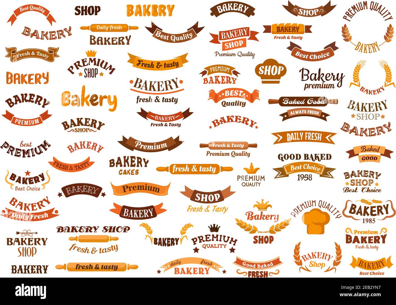 Bakery and pastry design elements with ribbon banners, wheat and rye ...