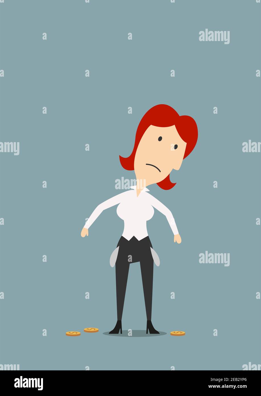 Cartoon depressed bankrupt businesswoman standing with empty pockets ...