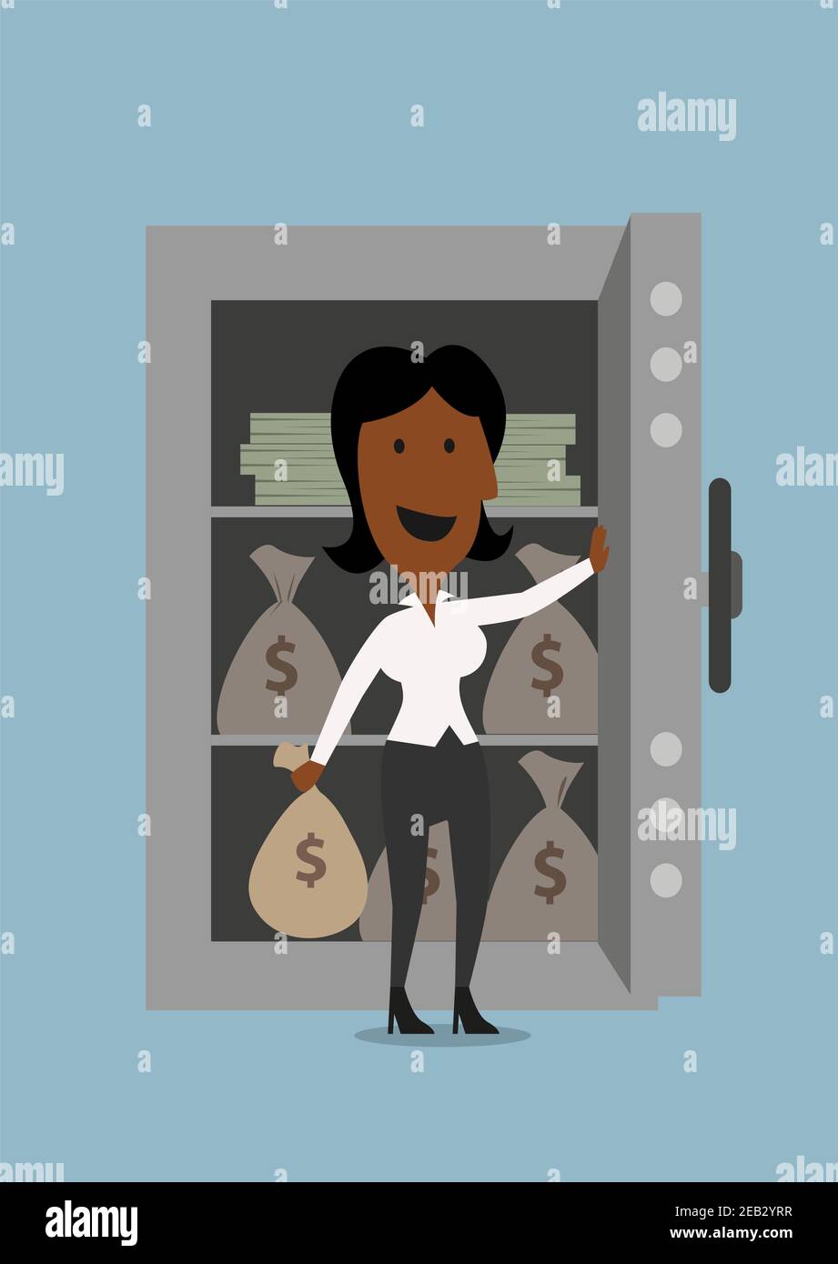 Cartoon african american businesswoman opening the door of bank safe ...