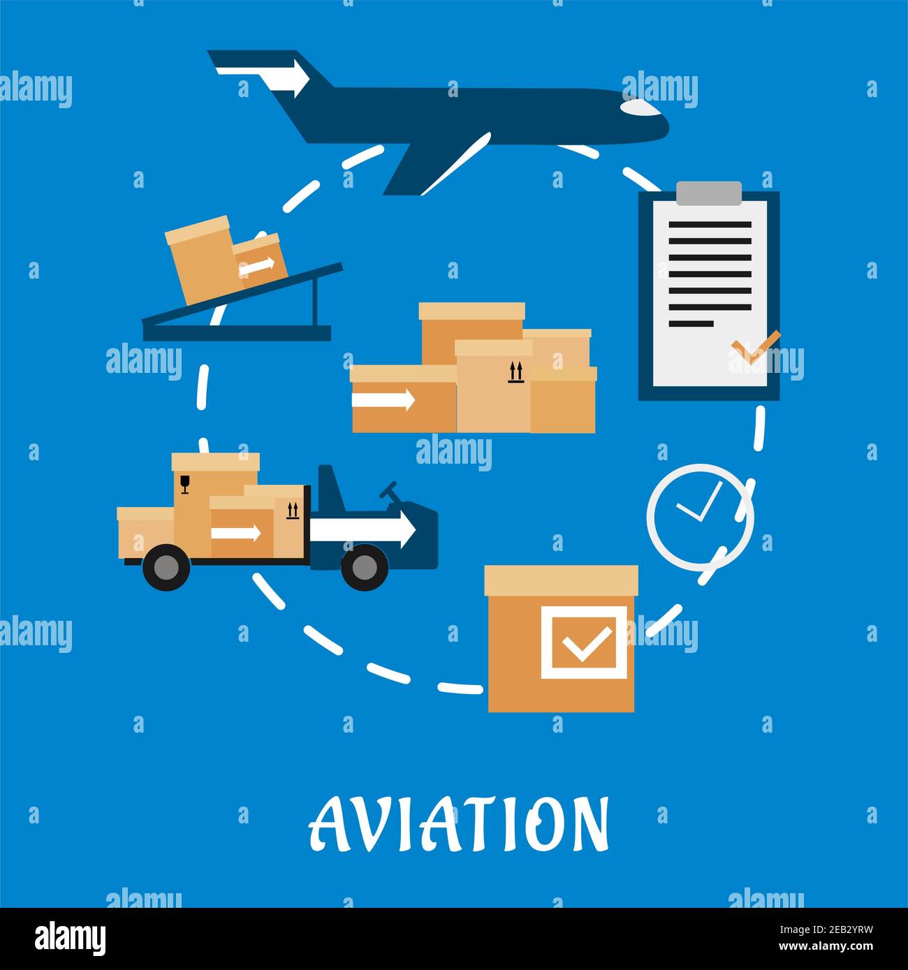Air cargo and logistics flat icons with airplane, conveyor, cardboard ...