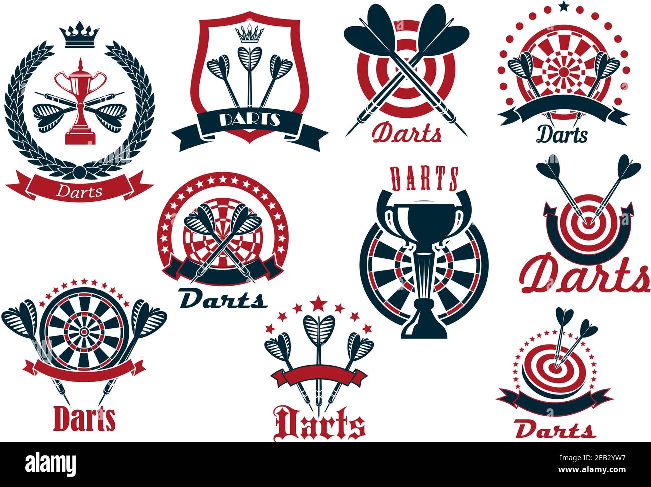 Darts club retro icons of dartboards and arrows with trophy cups ...