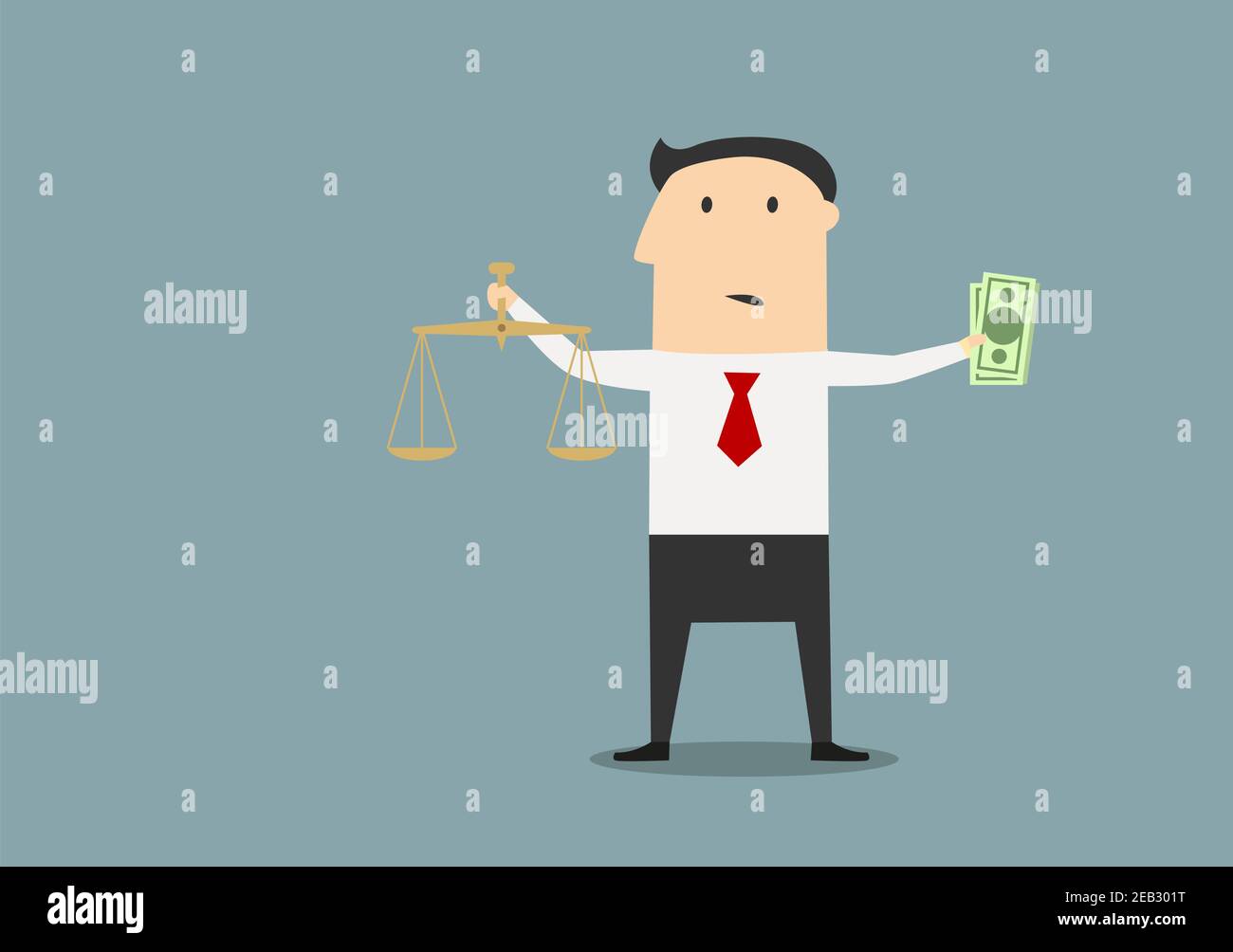 Cartoon confused businessman choosing between justice and bribe money ...