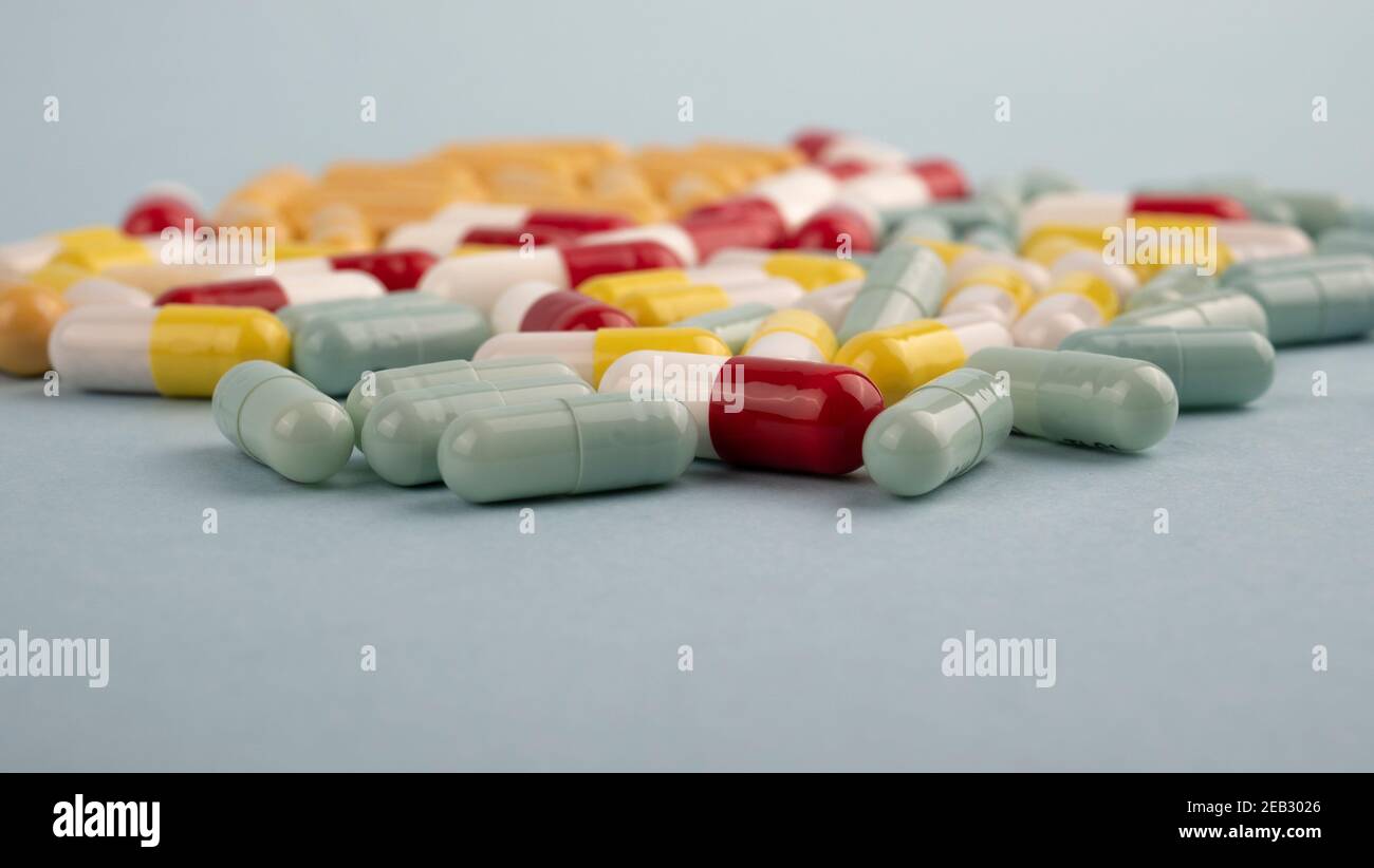 Pills. Capsules. Vitamins. Colored pills. A bunch of tablet pills Stock ...