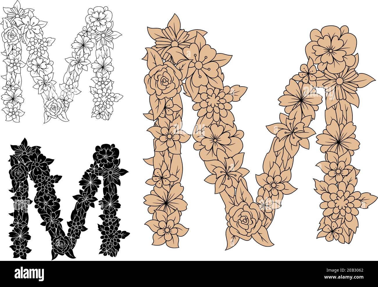 Floral font capital letter M with romantic blooming brown flowers. For ...