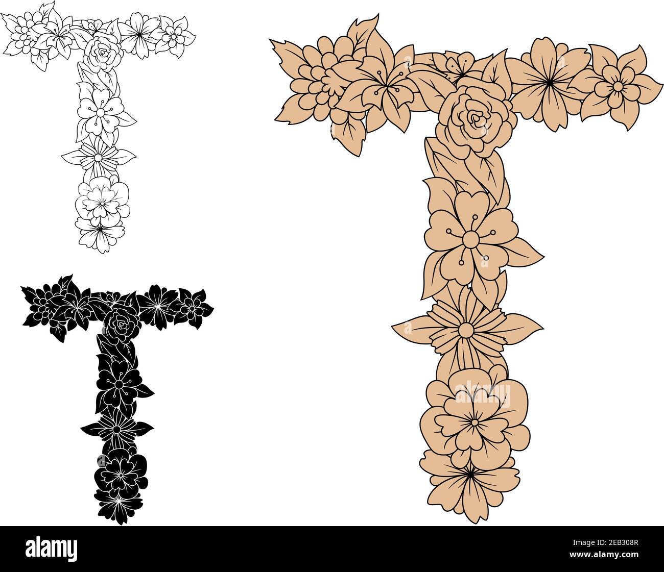 Floral alphabet letter T in uppercase font with decorative flowers in ...