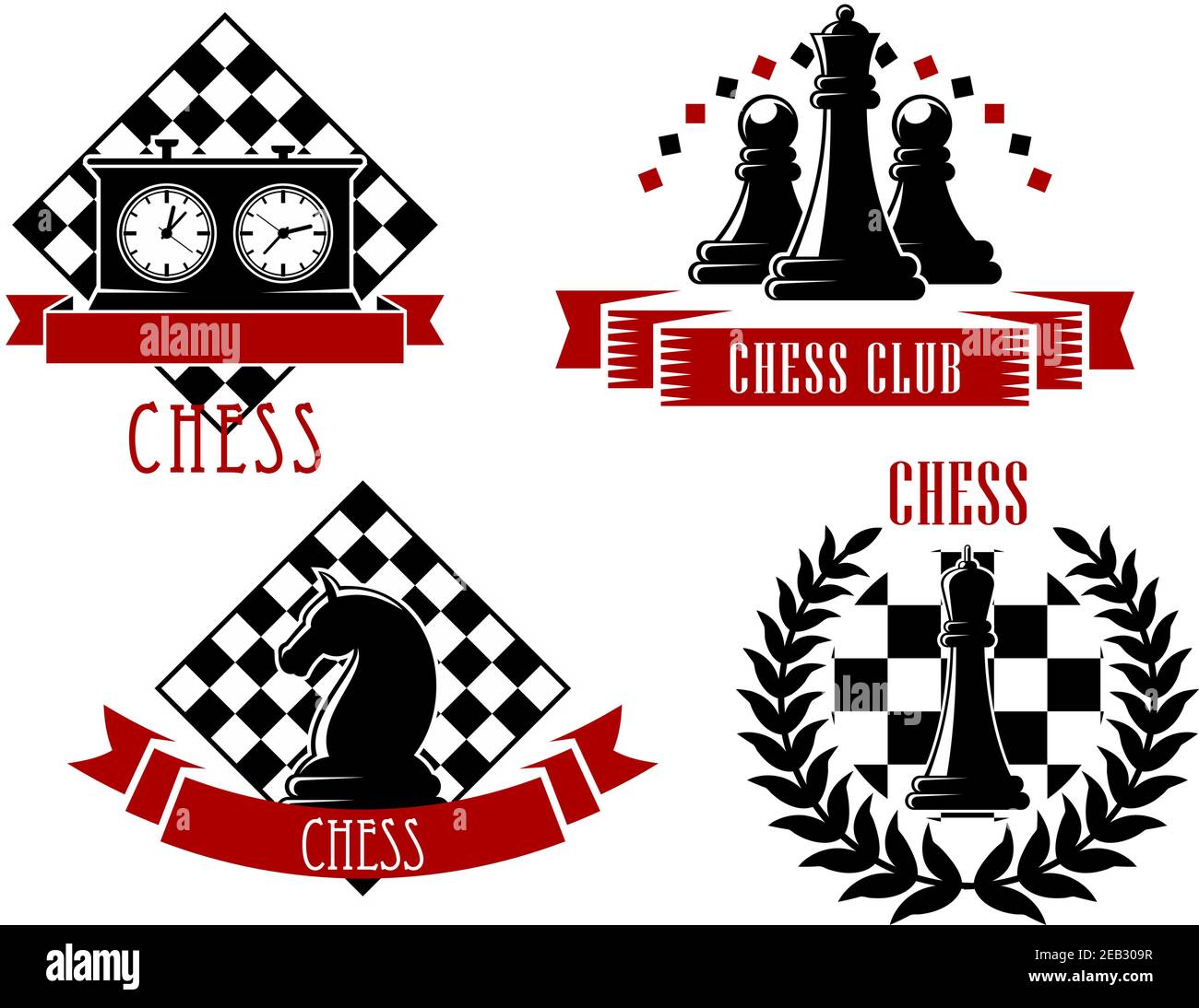 Chess game sport emblems and icons with chessboard, clock, king, queen ...