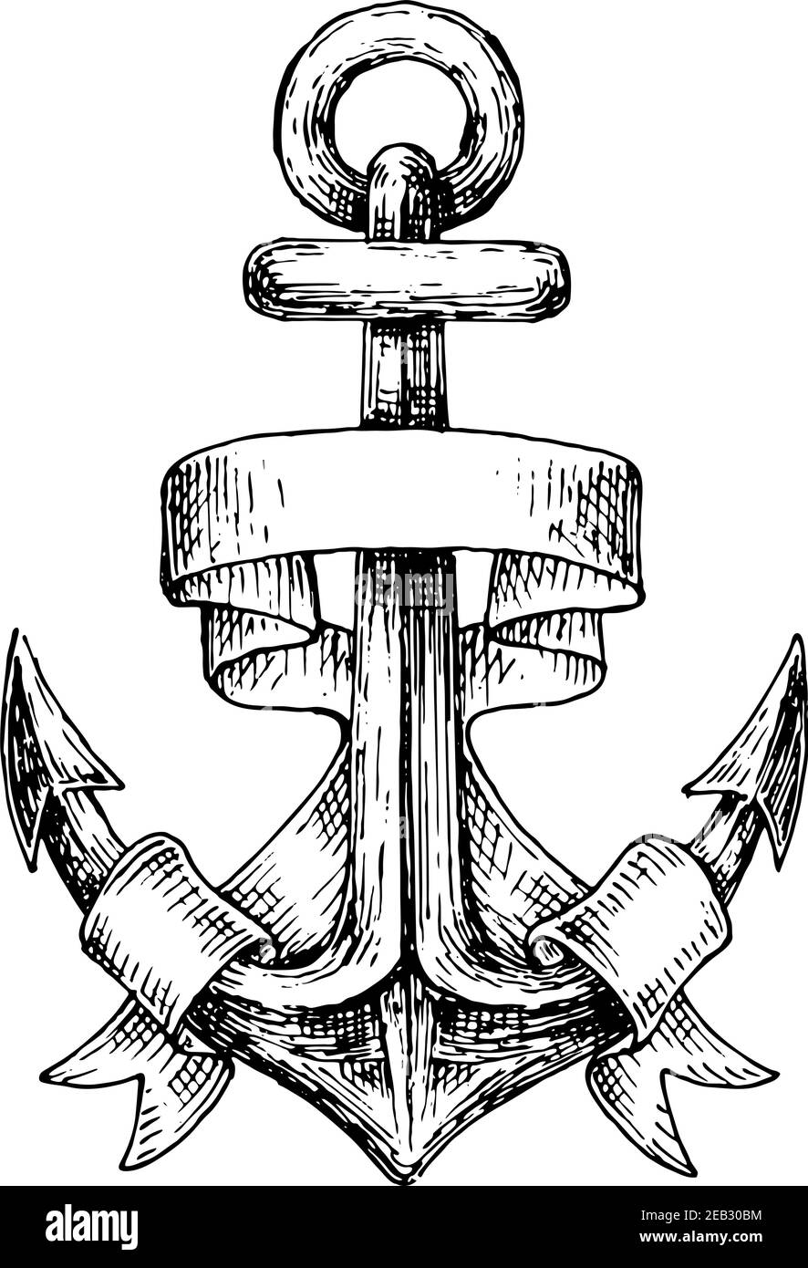 Retro nautical anchor with heavy ring on the top, decorated by wavy ...