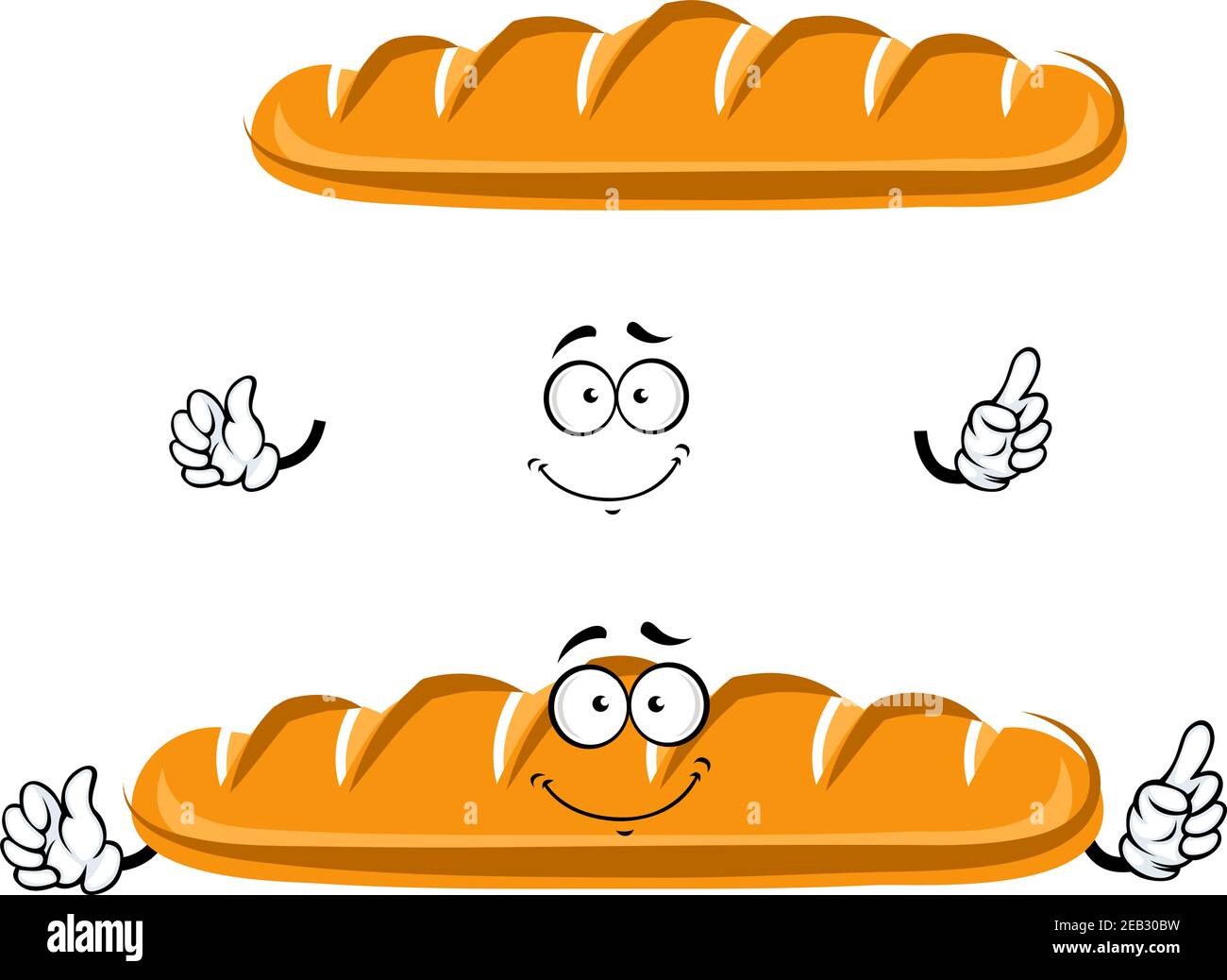 Fresh baked long loaf of wheat bread cartoon character with golden ...