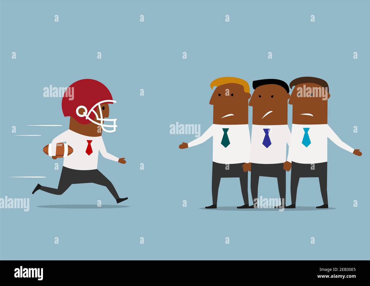 Fast cartoon businessman in rugby helmet with ball rushes to the goal ...