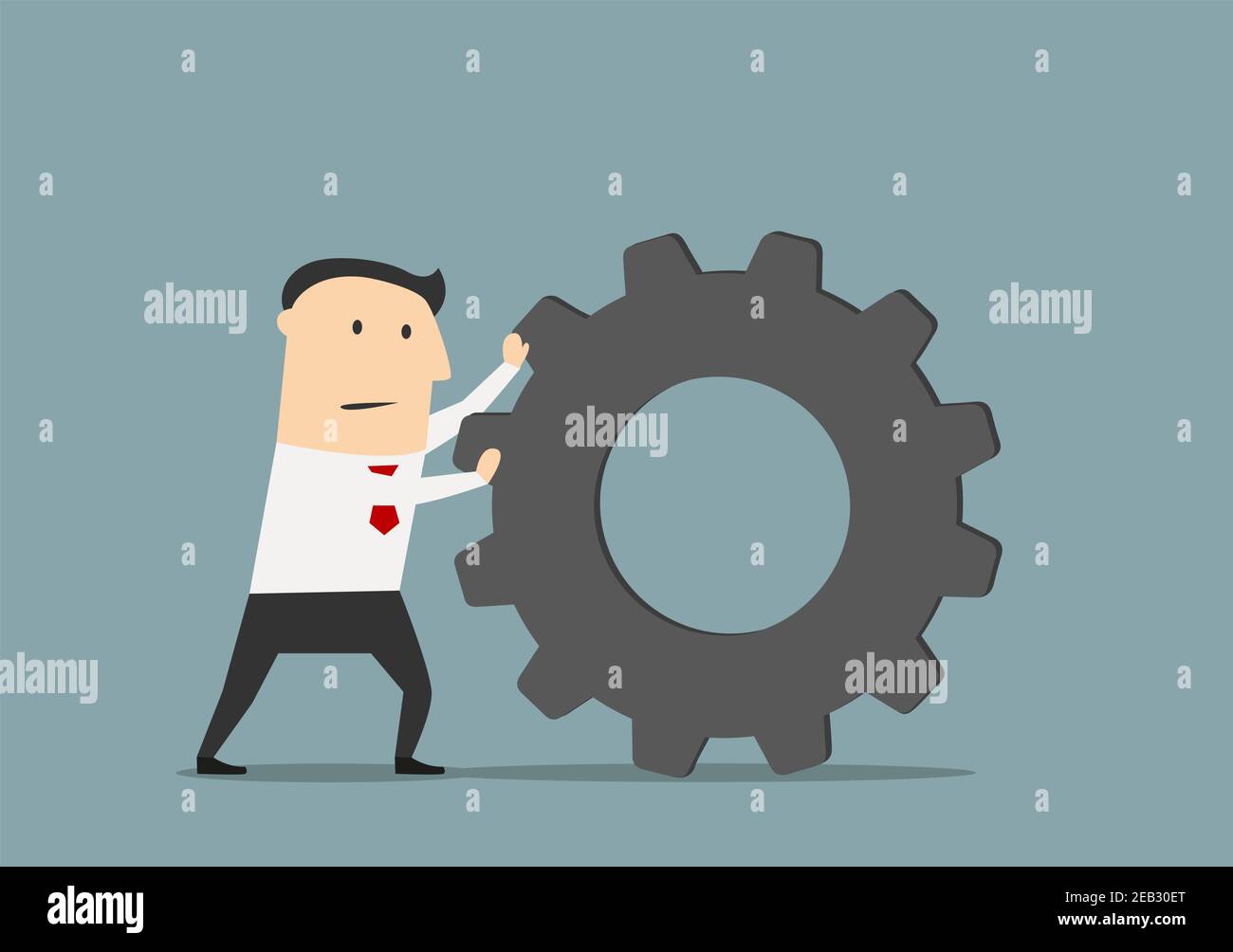 Tired businessman pushes a huge gear, for business process or ...