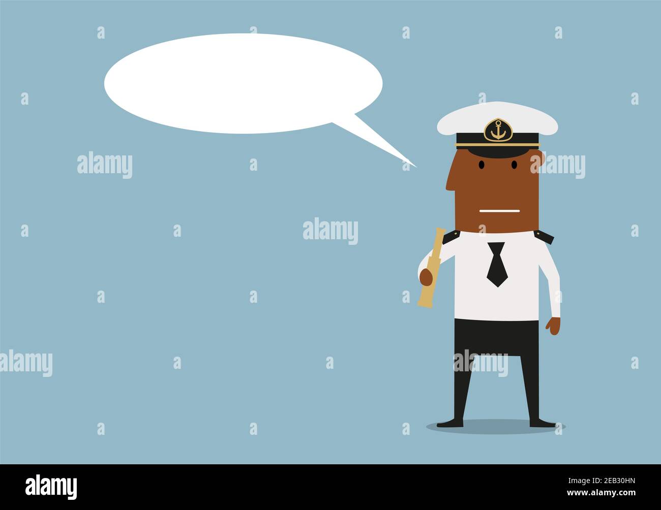 Ship captain in white uniform and cap holding spyglass in hands with ...