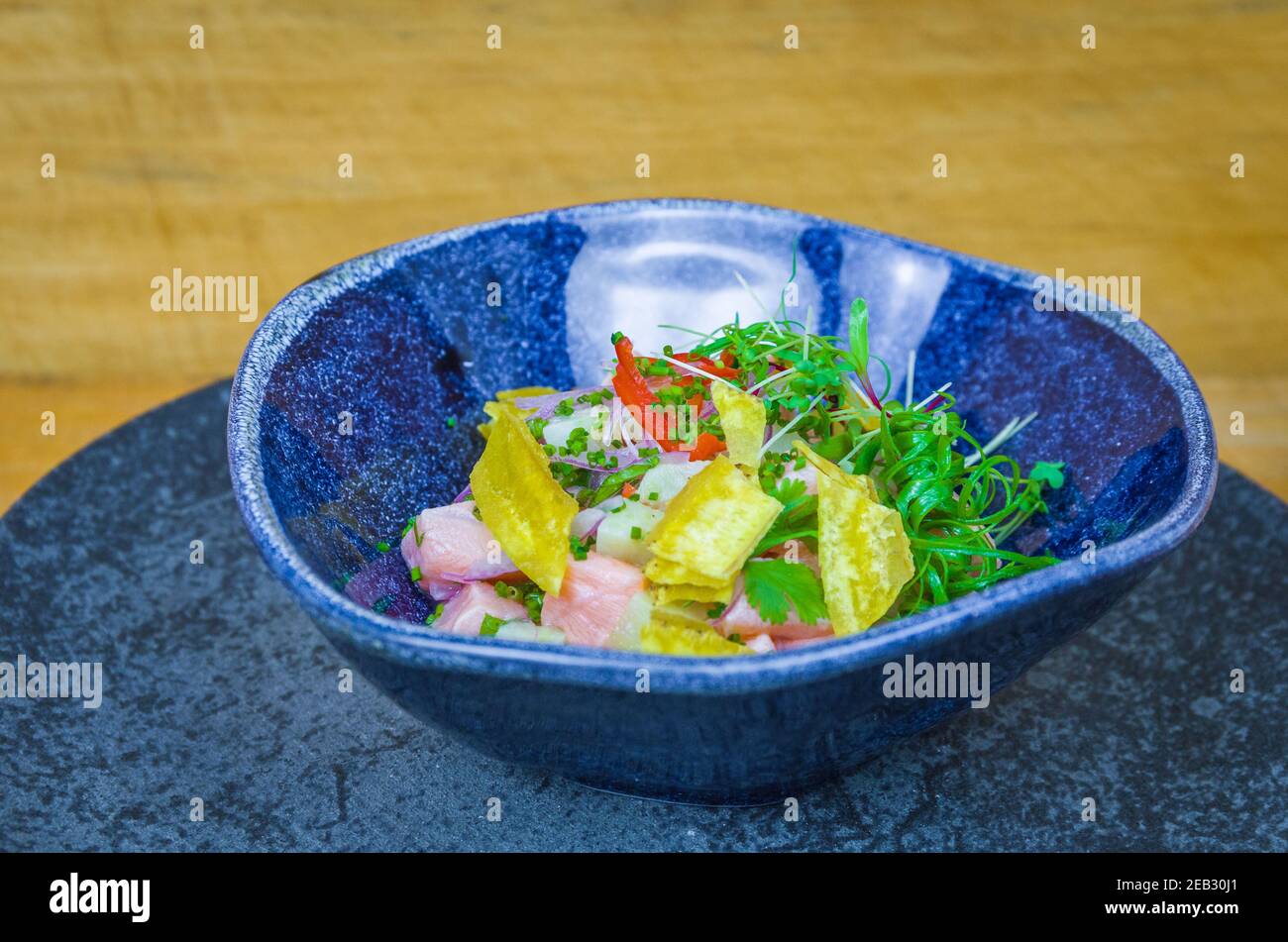 Beautiful decorated ceviche dish. Premium Peruvian food Stock Photo - Alamy