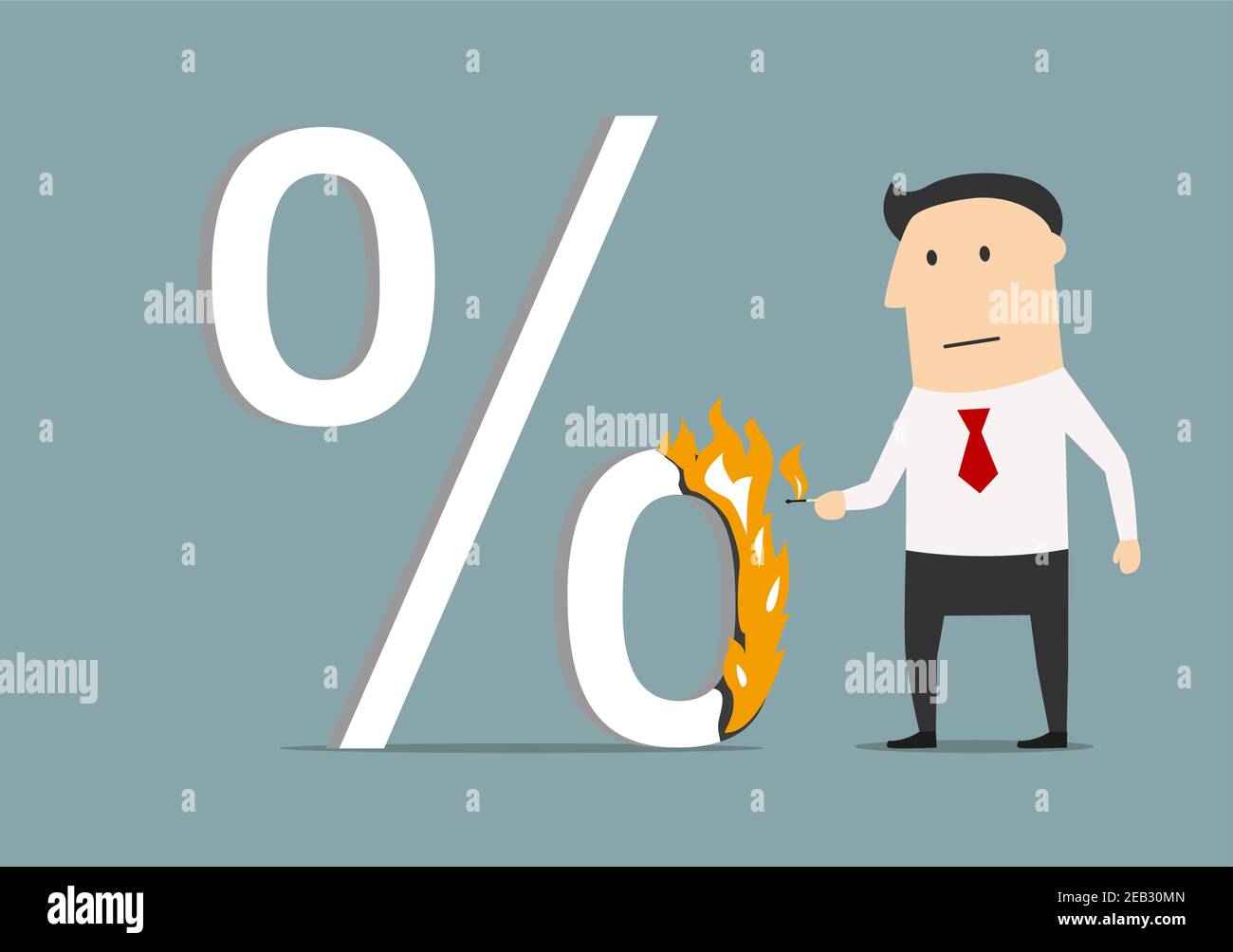Cartoon businessman burning up percent symbol with match, for finance ...