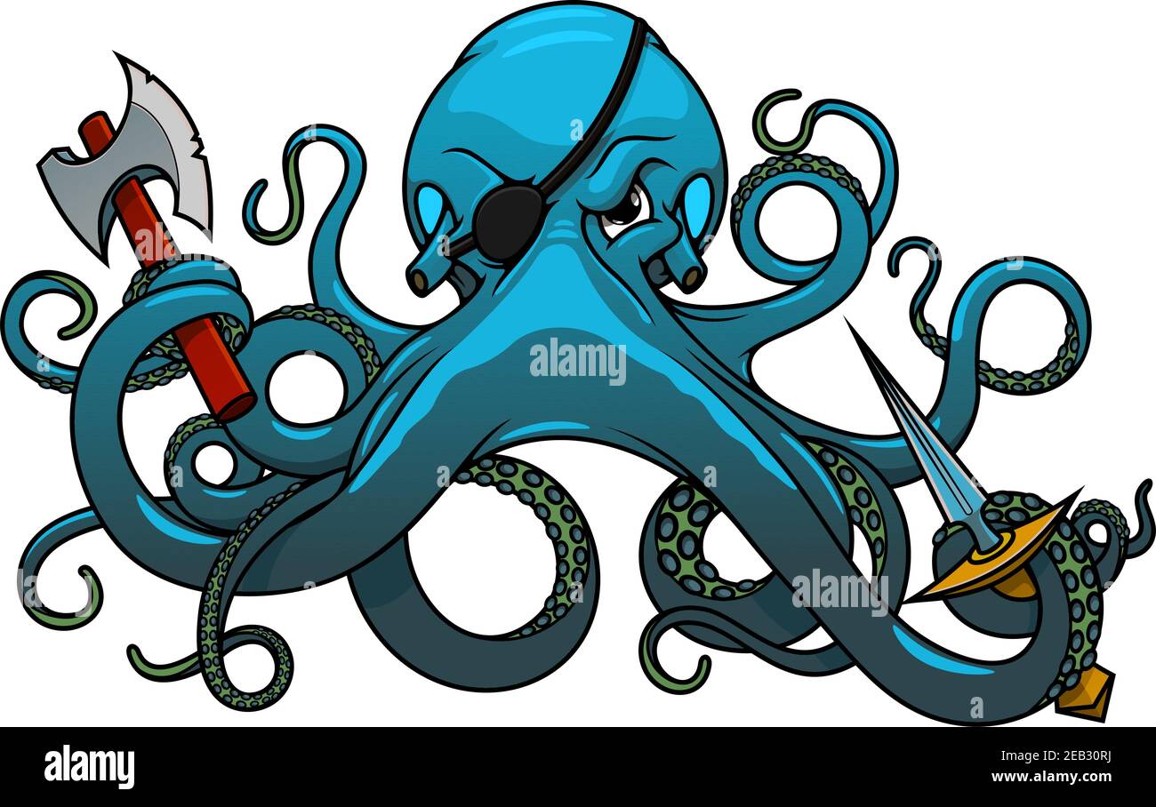 Fearful blue octopus pirate cartoon character with black eye patch, axe ...
