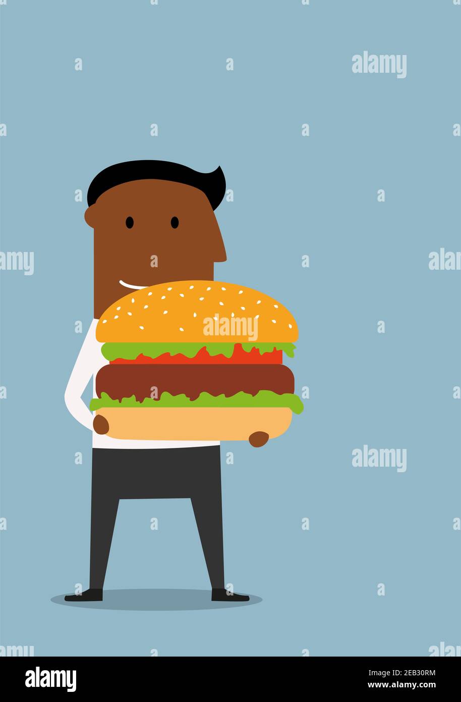 Happy cartoon african american businessman carrying a huge hamburger ...