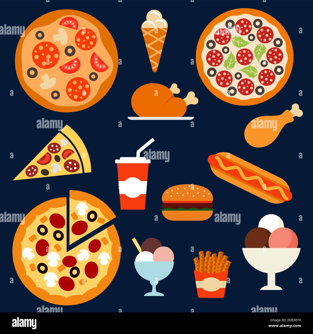 Flat fast food menu icons of pizza with different toppings, takeaway ...