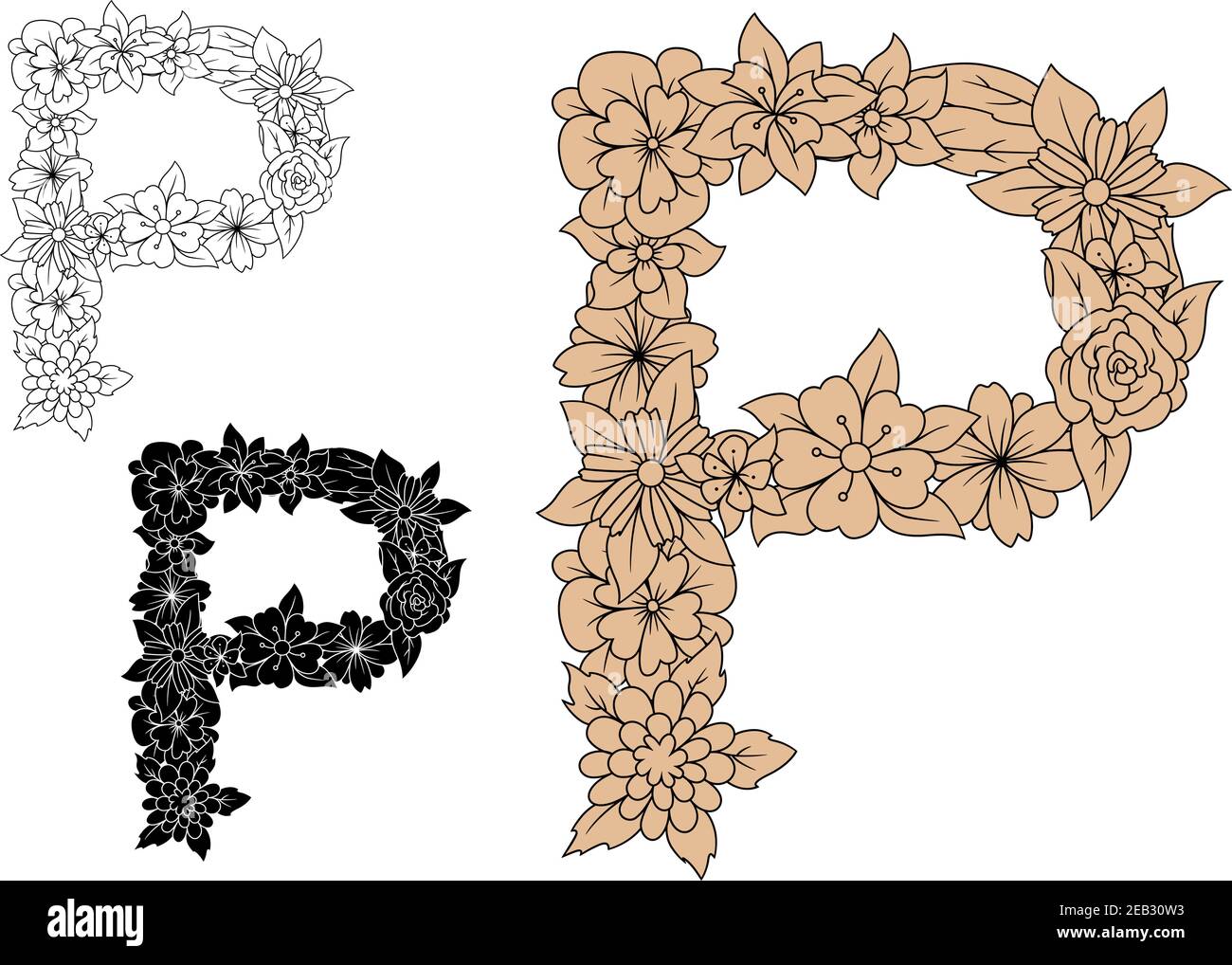 Vintage floral uppercase letter P with elegant flowers and field herbs ...