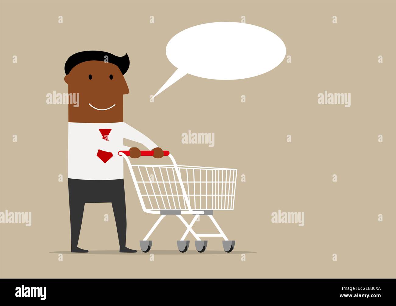 Happy cartoon black businessman with shopping cart and blank speech ...