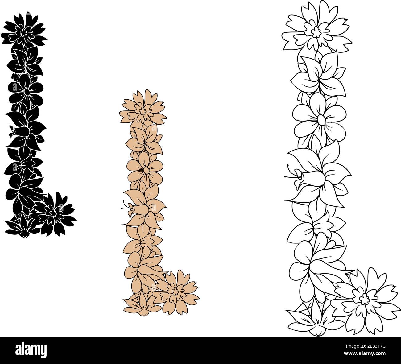 Retro capital letter L with blooming flowers in outline style ...