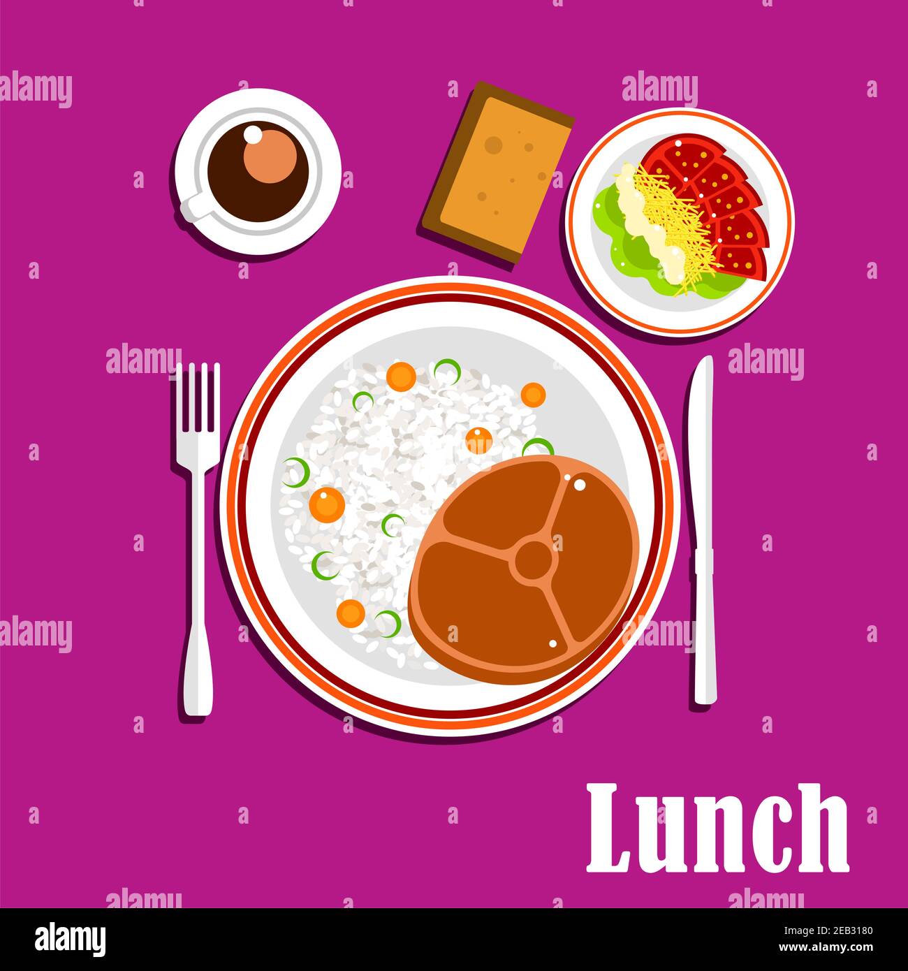 Healthy lunch icons with beef steak, rice and vegetables, tomato salad ...