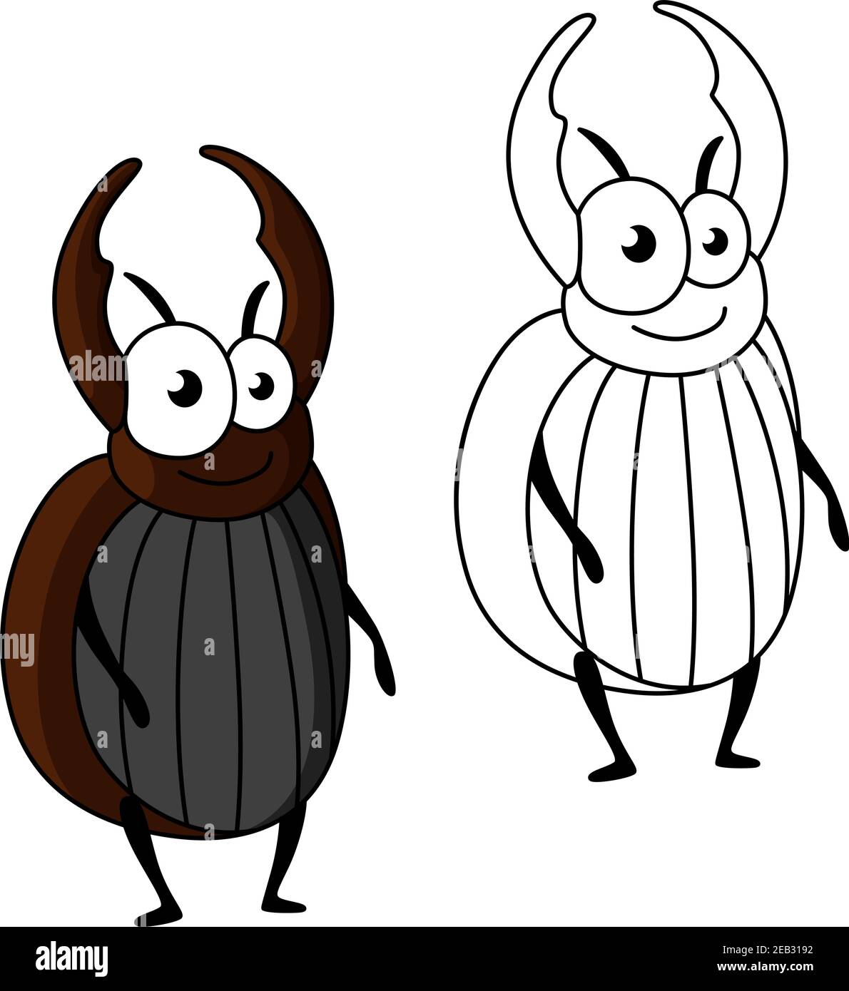Big brown cartoon stag beetle with striped gray abdomen and large horns ...