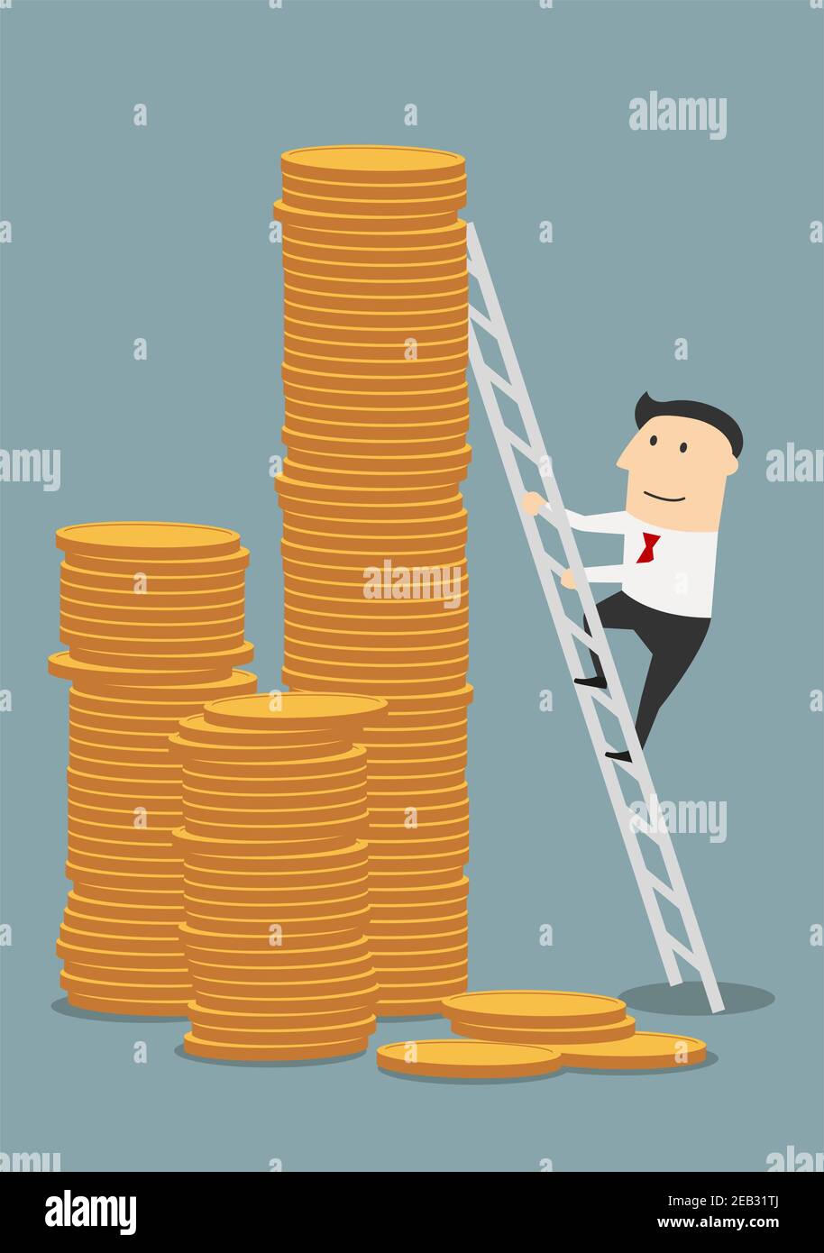 Cartoon successful businessman climbing to stacks of golden coins ...