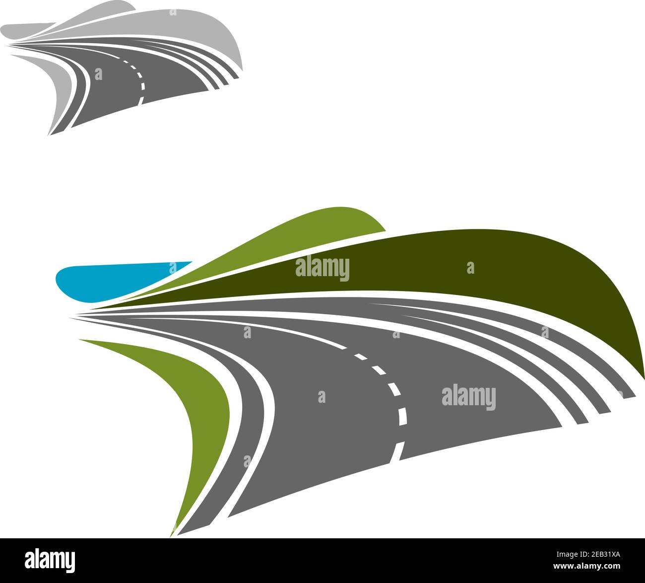 Modern asphalt road highway pass among green hills and turning on the ...