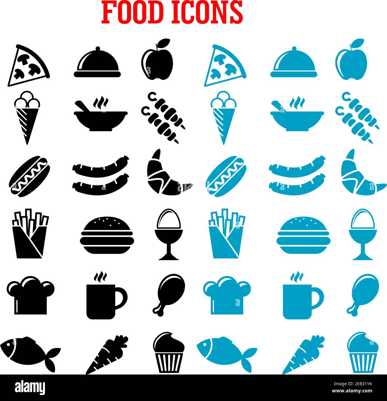 Restaurant and fast food flat icons with pizza sausages burger coffee ...
