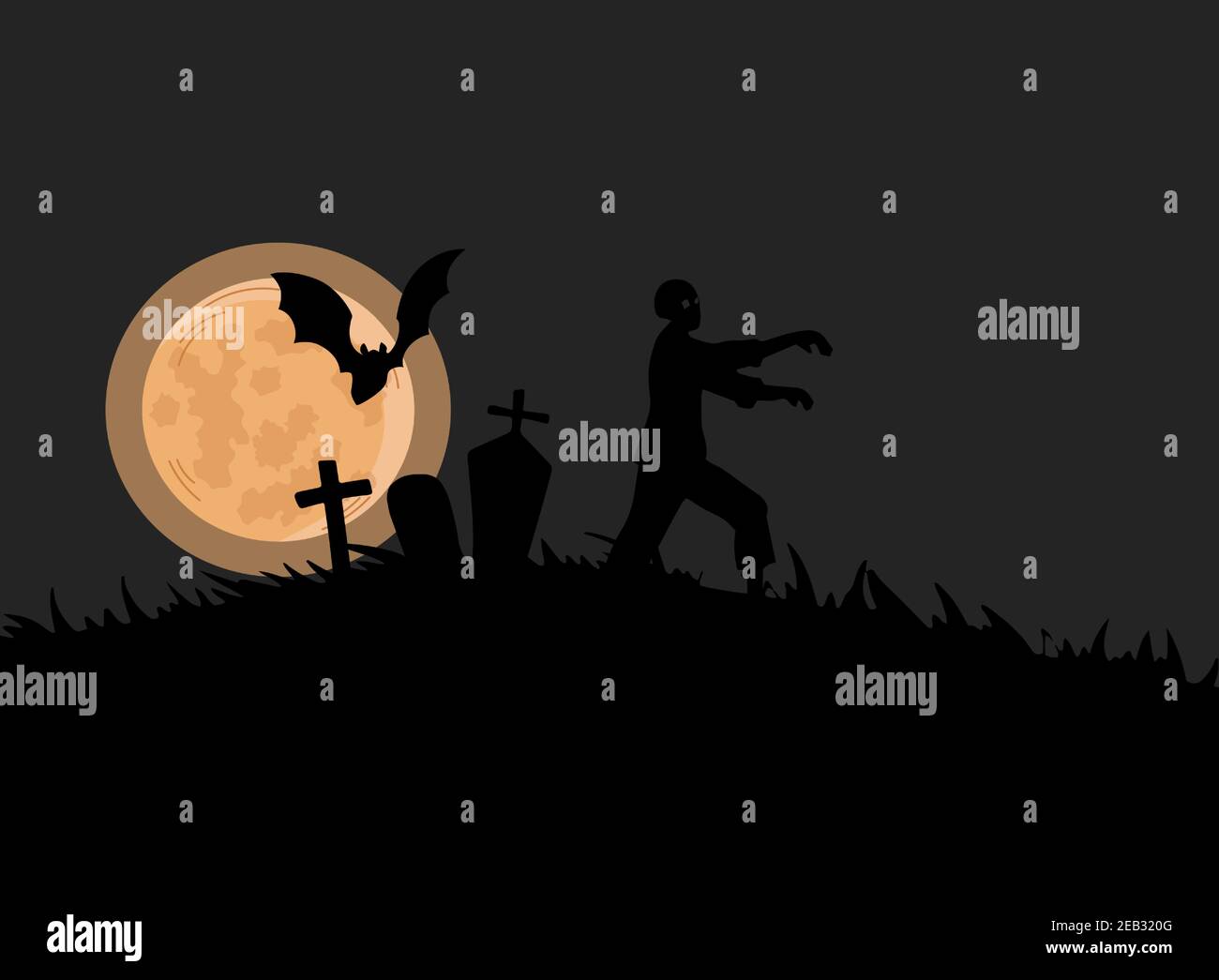 Black silhouette of zombie walking on cemetery vector flat illustration ...