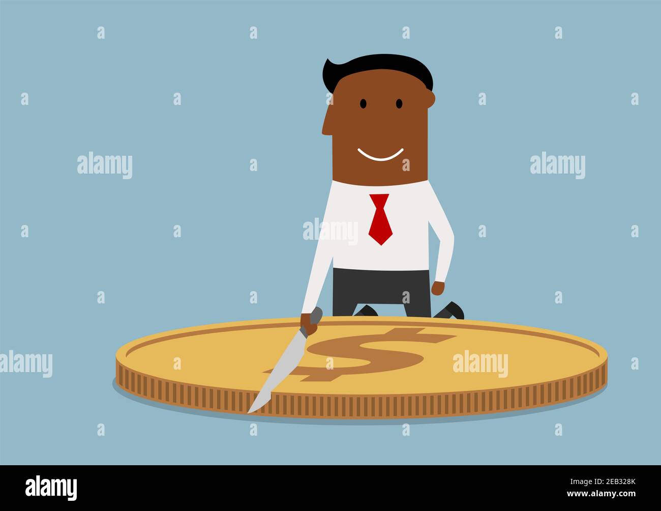 Cartoon corrupt african american businessman cutting a big dollar coin ...