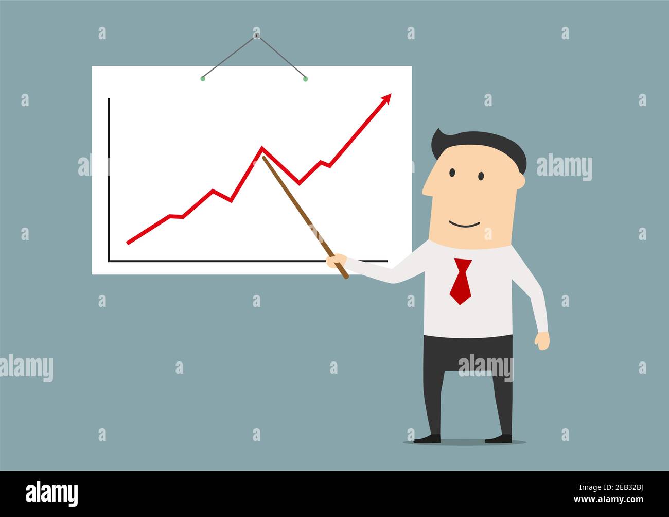 Happy cartoon businessman with pointer stick presenting a growing chart ...