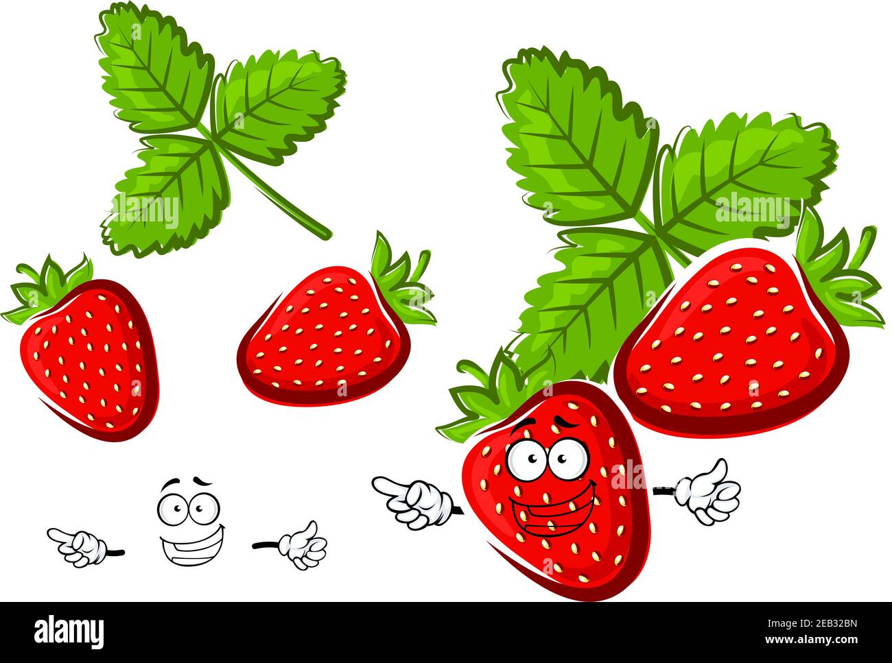 Juicy sweet cartoon red strawberry fruits with cute smile. Second ...