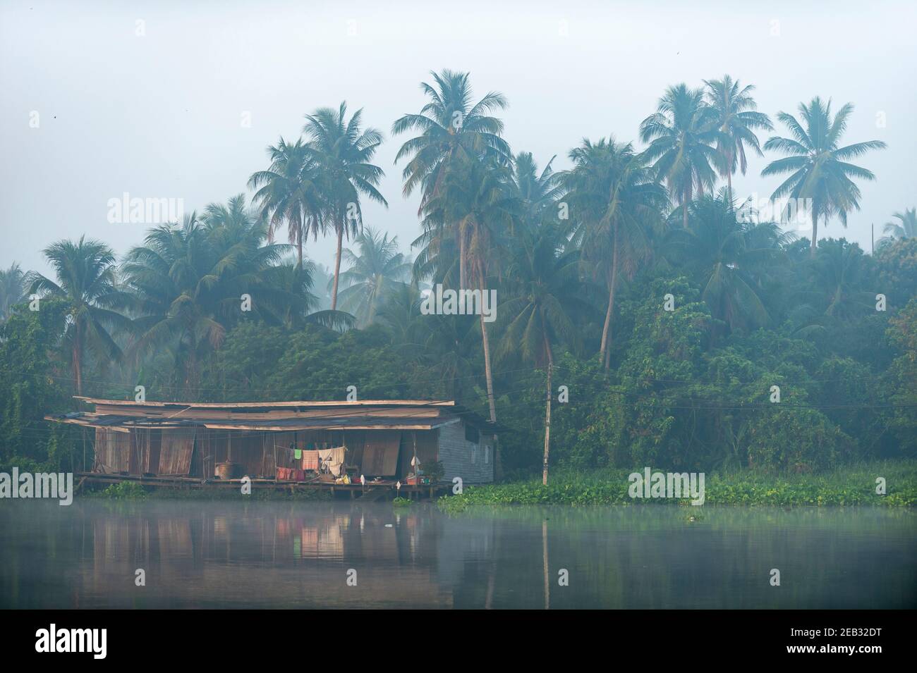 Thai style wooden house on the edge of the canal with a coconut ...