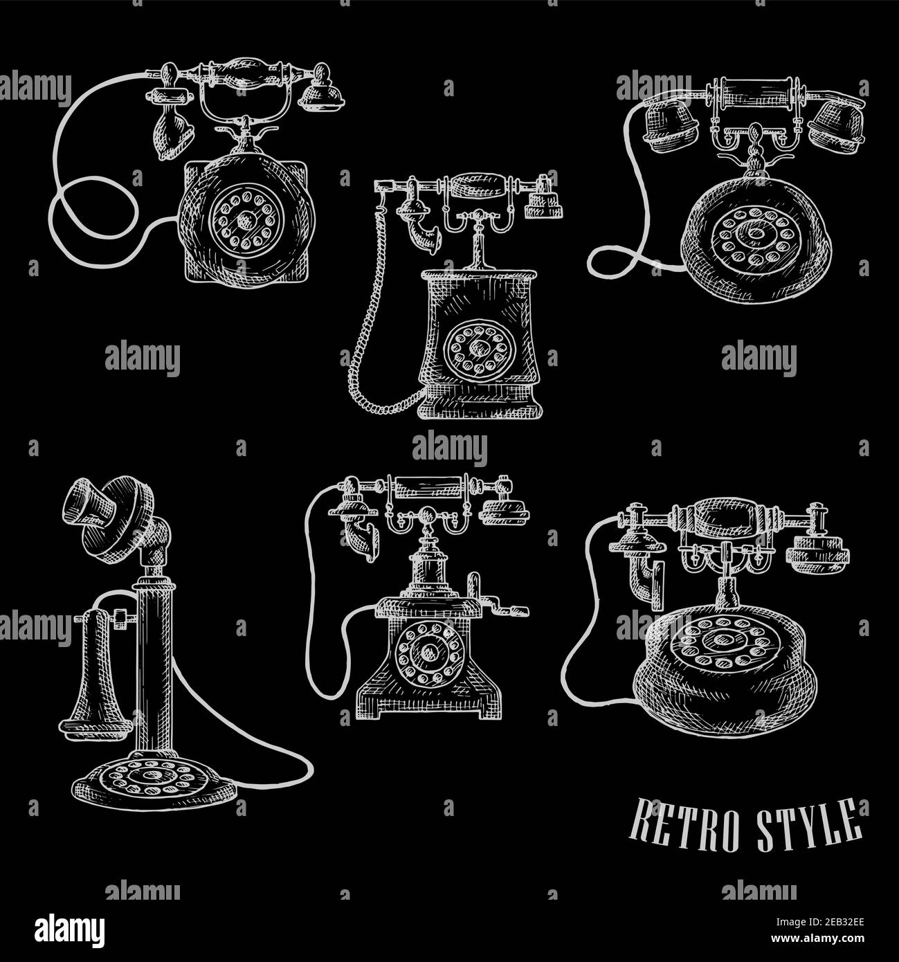 Vintage Rotary Dial Telephones Isolated Sketch Icons For Telecommunication Or Retro Concept