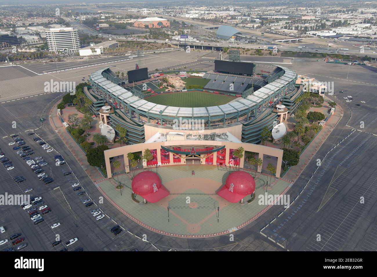 An aerial view of Angel Stadium of Anahiem, Wednesday, Feb. 10, 2021 ...