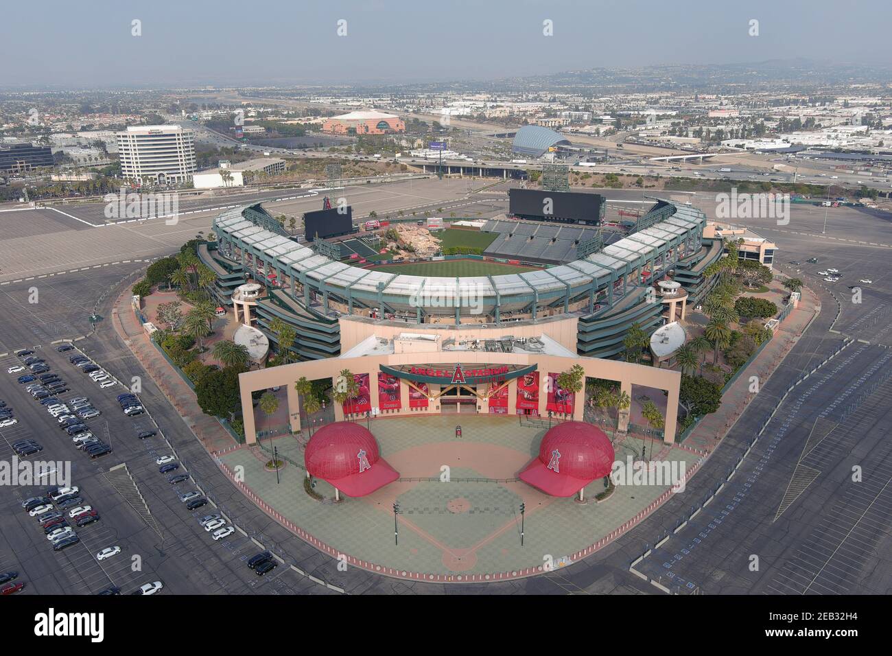 An aerial view of Angel Stadium of Anahiem, Wednesday, Feb. 10, 2021 ...